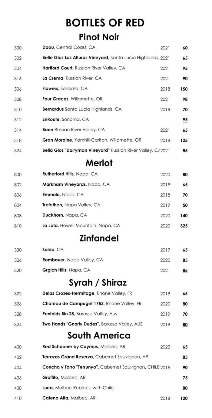 Tonys of Bowling Green | Wine List